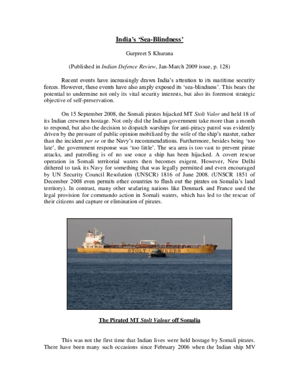 (PDF) India’s ‘Sea-Blindness’: Maritime Domain as 'Weakest Link' of National Security