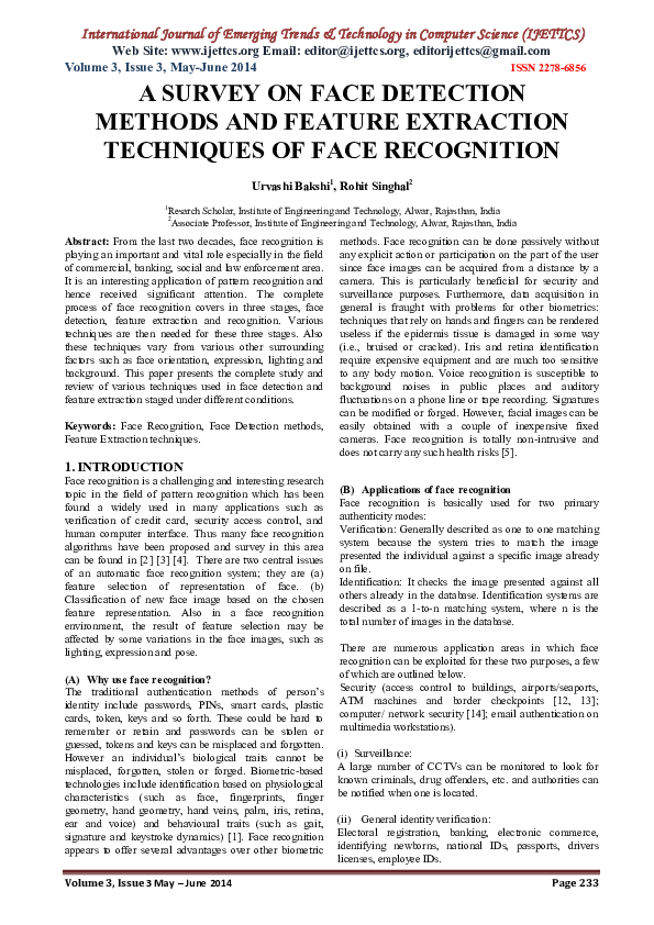Pdf A Survey On Face Detection Methods And Feature Extraction