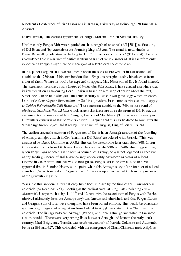 (PDF) Dauvit Broun, ‘The earliest appearance of Fergus Mór mac Eirc in ...