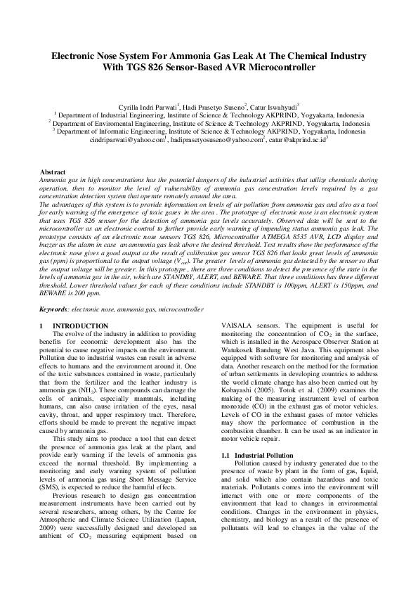 (PDF) Electronic Nose System For Ammonia Gas Leak At The Chemical Industry With TGS 826 Sensor ...