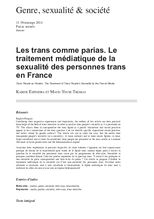 (PDF) Les trans comme parias. Le traitement médiatique de la sexualité ...