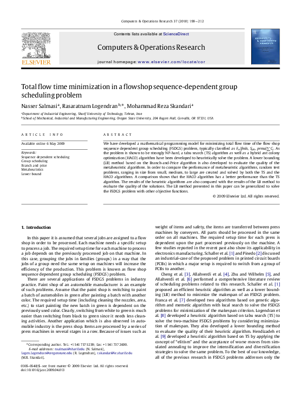 Pdf Total Flow Time Minimization In A Flowshop Sequence Dependent Group Scheduling Problem