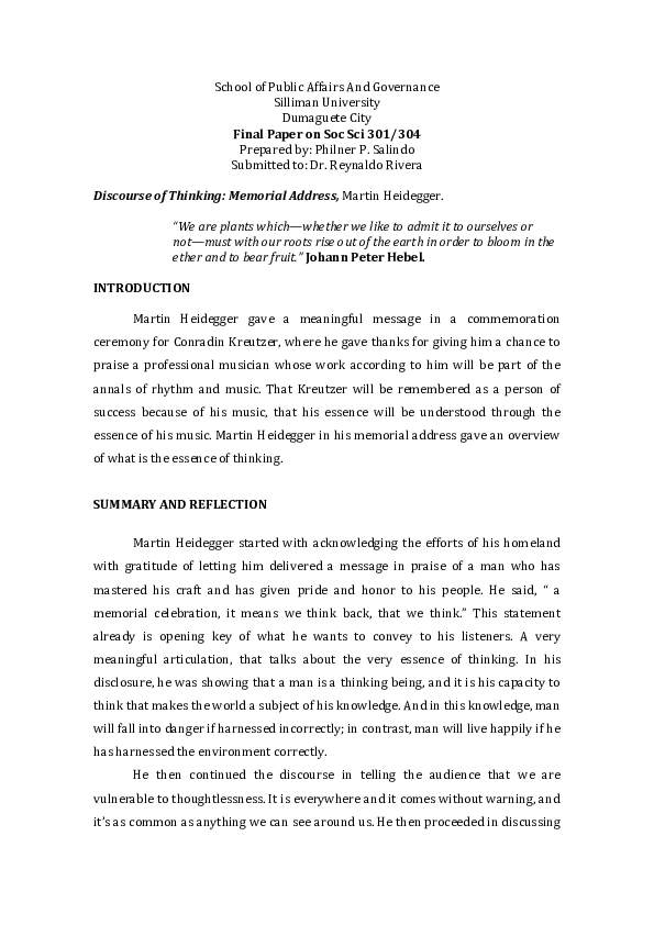 (DOC) Discourse of Thinking: Memorial Address, Martin Heidegger