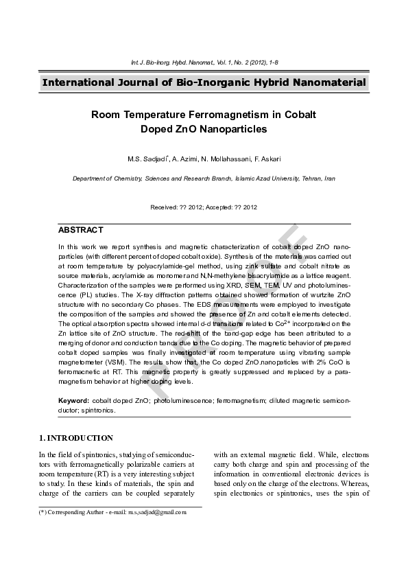 (PDF) Room Temperature Ferromagnetism in Cobalt Doped ZnO Nanoparticles