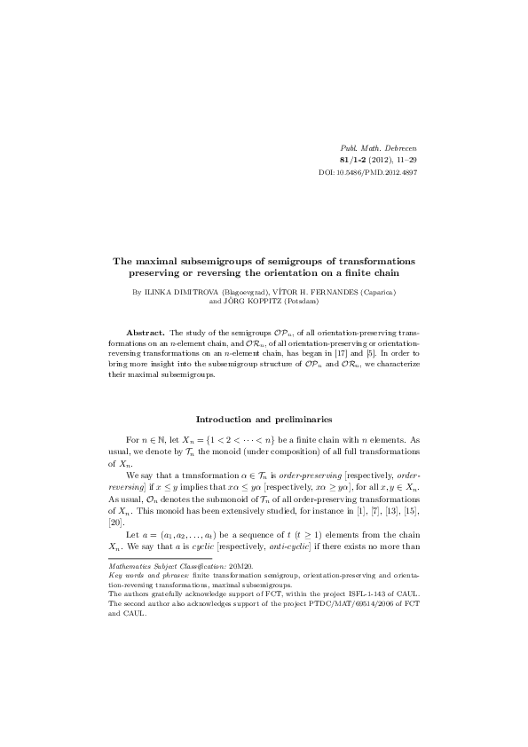 Pdf The Maximal Subsemigroups Of Semigroups Of Transformations Preserving Or Reversing The