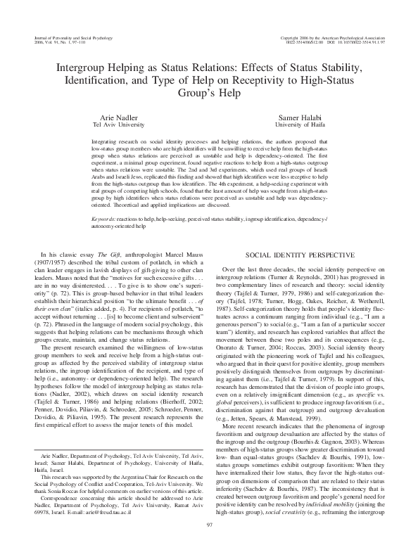 (PDF) Intergroup Helping as Status Relations: Effects of Status ...