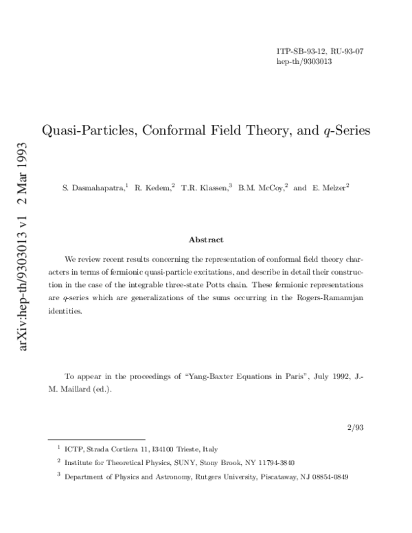 (PDF) Quasi-Particles, Conformal Field Theory, and q-Series