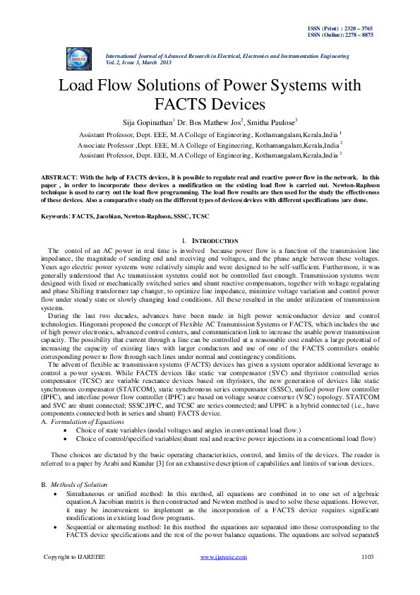 (PDF) Load Flow Solutions of Power Systems with FACTS Devices
