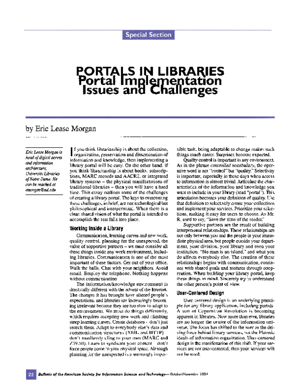 (PDF) Portals in libraries. Portal implementation issues and challenges