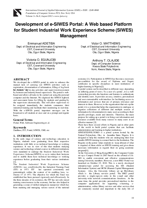 (PDF) Development of e-SIWES Portal: A Web based Platform for Student ...
