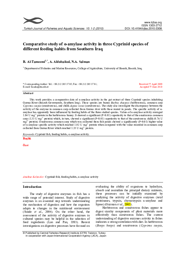 (PDF) Comparative study of α-amylase activity in three Cyprinid species of different feeding ...