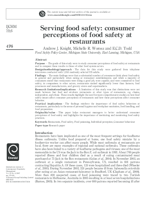 (PDF) Serving food safety: consumer perceptions of food safety at ...
