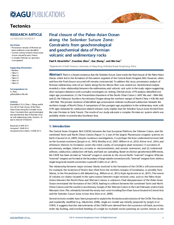 (PDF) Final closure of the Paleo-Asian Ocean along the Solonker Suture Zone: Constraints from ...