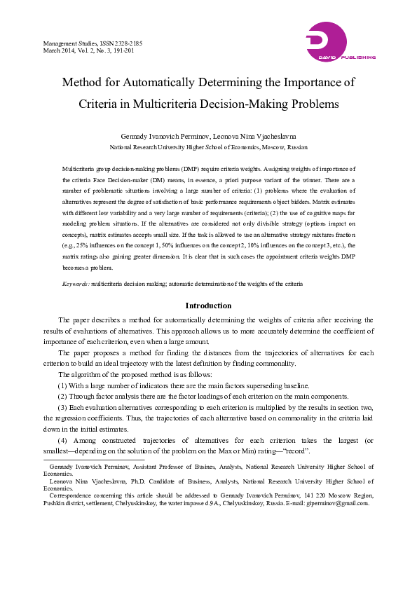(PDF) Method for Automatically Determining the Importance of Criteria in Multicriteria Decision ...