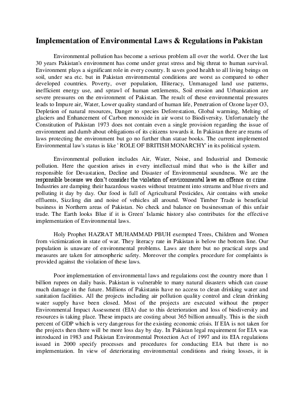 (DOC) Implementation of Environmental Laws in Pakistan(brief view)