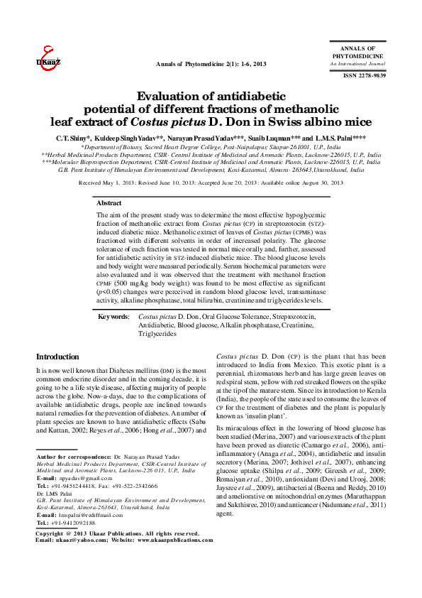 (PDF) Evaluation of antidiabetic potential of different fractions of methanolic leaf extract of ...