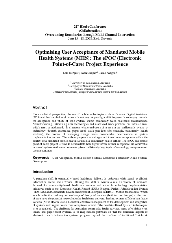 (PDF) Optimising User Acceptance of Mandated Mobile Health Systems (MHS ...