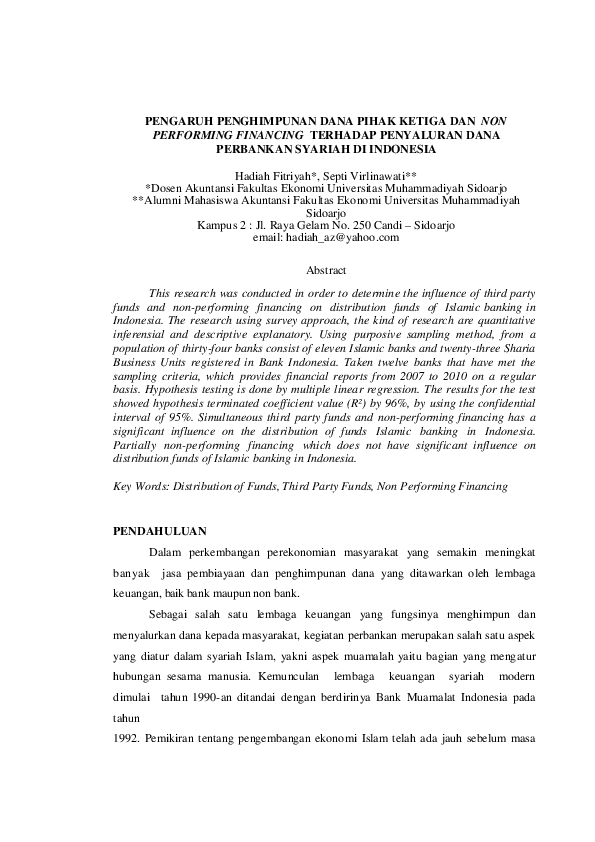 (PDF) PENGARUH PENGHIMPUNAN DANA PIHAK KETIGA DAN NON PERFORMING FINANCING TERHADAP PENYALURAN ...