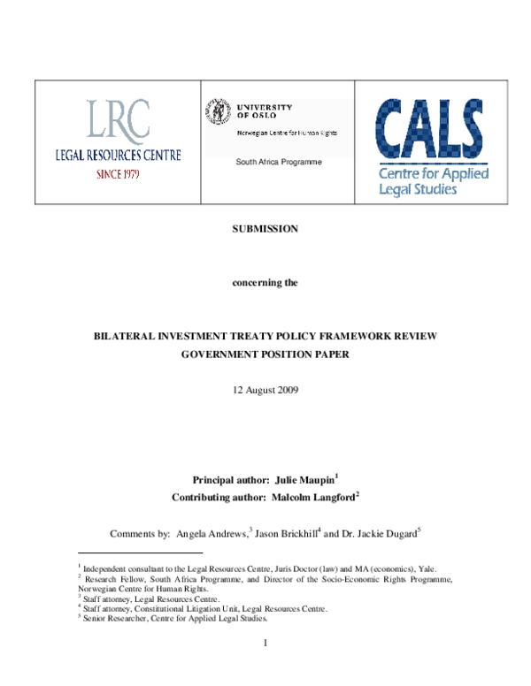 (PDF) Bilateral Investment Treaty Policy Framework Review - South ...