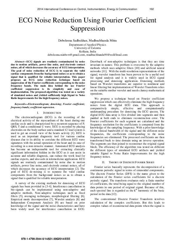 Ecg Noise Reduction Using Fourier Coefficient Suppression