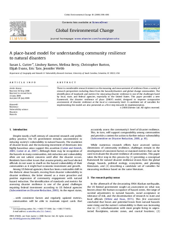 (PDF) A place-based model for understanding community resilience to ...