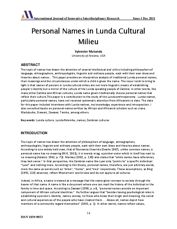 (PDF) Personal Names in Lunda Cultural Milieu