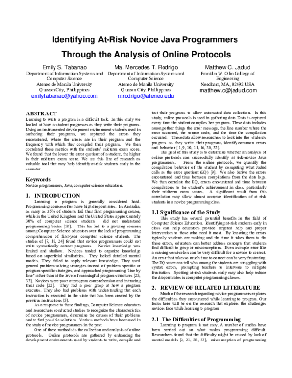 Pdf Identifying At Risk Novice Java Programmers Through The Analysis Of Online Protocols