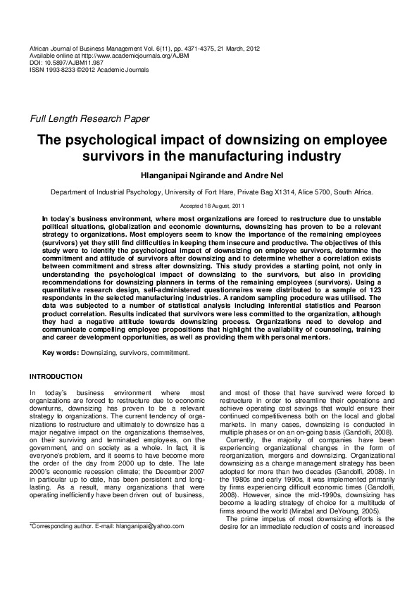 (PDF) The psychological impact of downsizing on employee survivors in the manufacturing industry