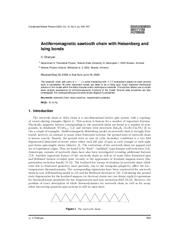(PDF) Antiferromagnetic sawtooth chain with Heisenberg and Ising bonds