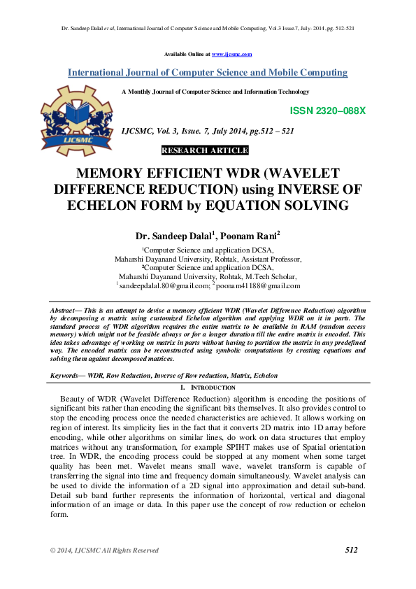 (PDF) MEMORY EFFICIENT WDR (WAVELET DIFFERENCE REDUCTION) using INVERSE OF ECHELON FORM by ...