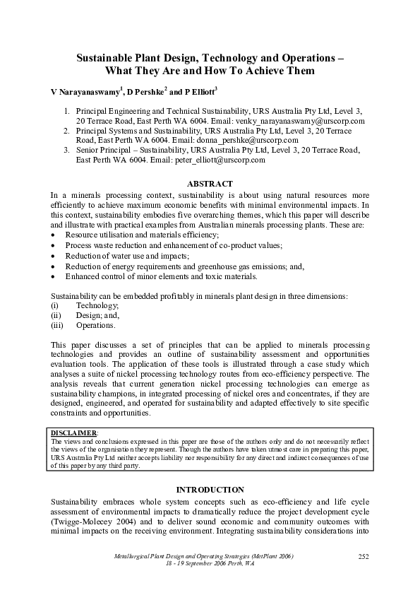 (PDF) Sustainable Plant Design, Technology and Operations – what are ...