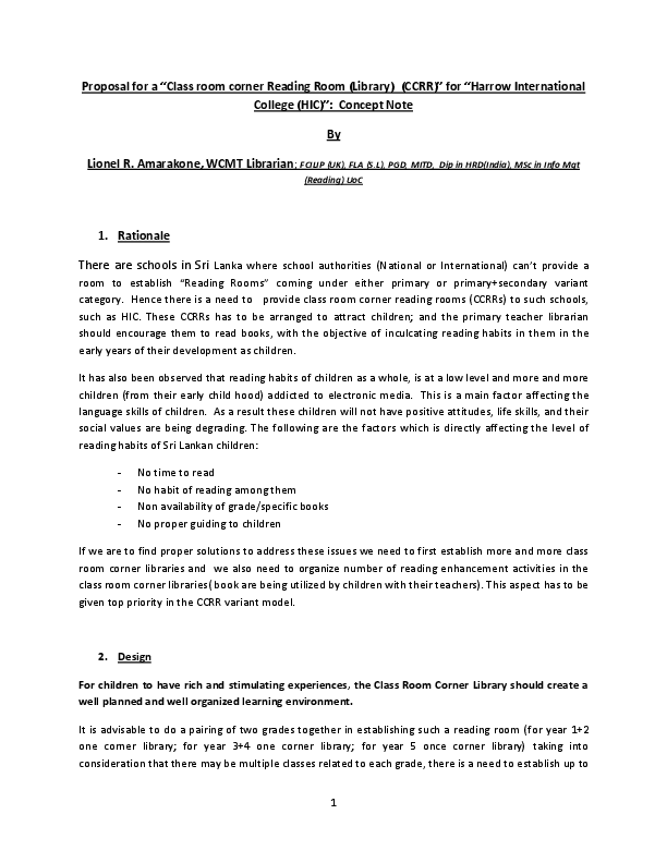 (DOC) Proposal for establishing classroom corner libraries at Harrow ...