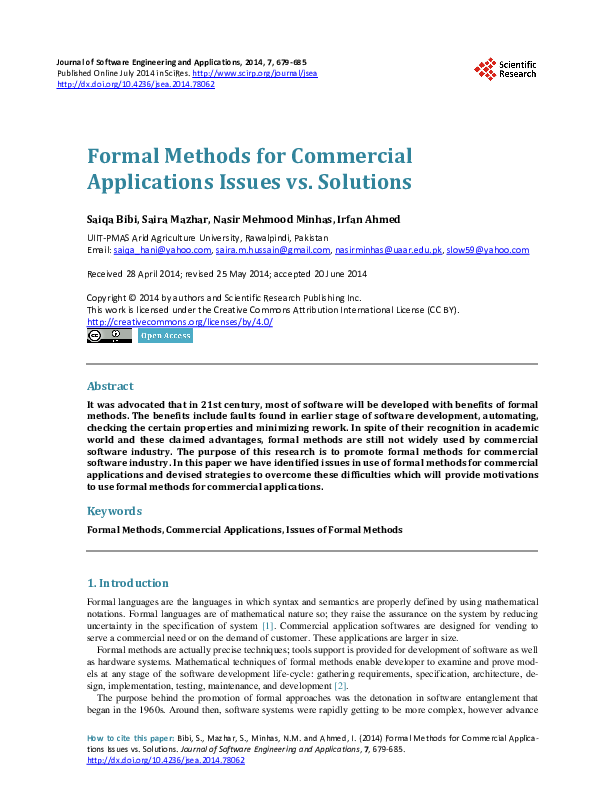 (PDF) Formal Methods for Commercial Applications Issues vs. Solutions