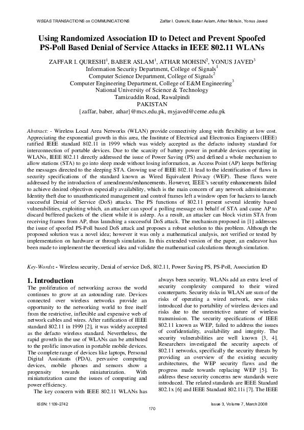 (PDF) Using randomized association ID to detect and prevent spoofed PS-Poll based denial of ...