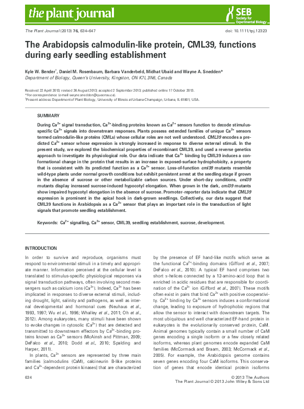 (PDF) The Arabidopsis calmodulin-like protein, CML39, functions during early seedling establishment