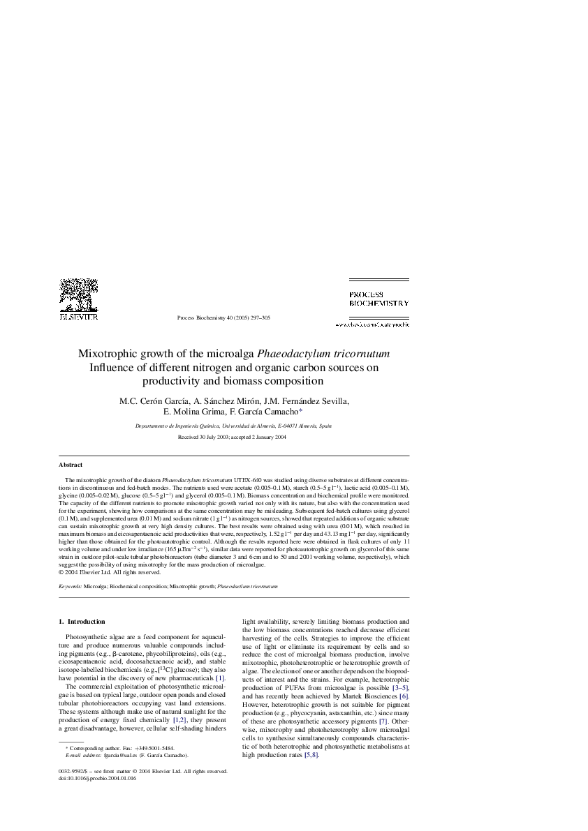 (PDF) Mixotrophic growth of the microalga Phaeodactylum tricornutum Influence of different ...