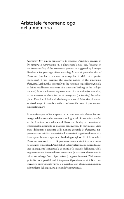 (PDF) Aristotele fenomenologo della memoria.