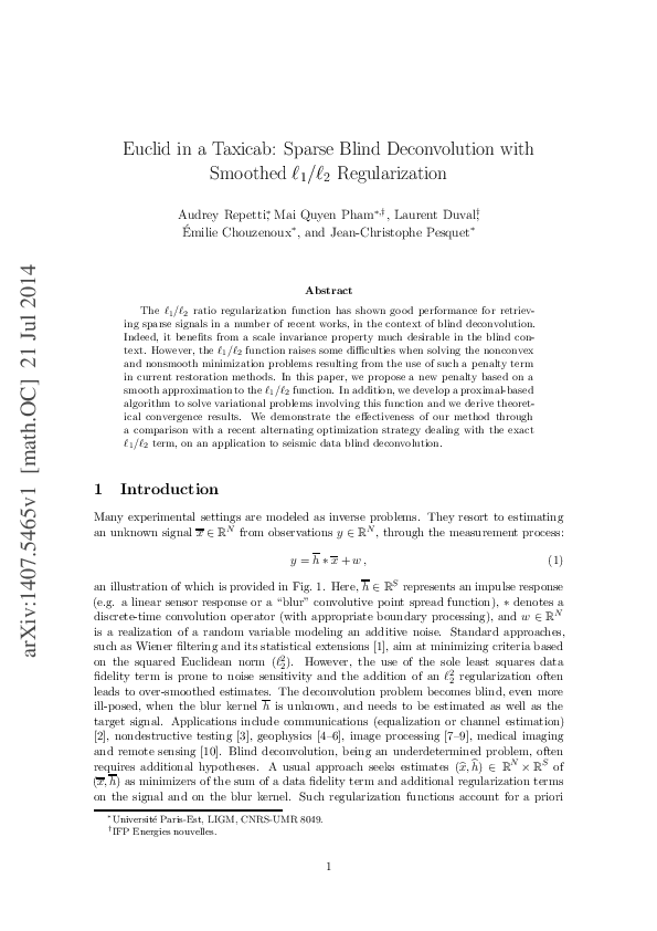 (PDF) Euclid in a Taxicab: Sparse Blind Deconvolution with Smoothed l_1/l_2 Regularization,