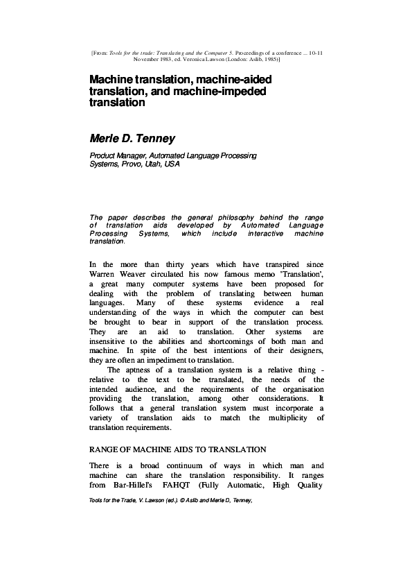 (PDF) Machine translation, machine-aided translation, and machine ...