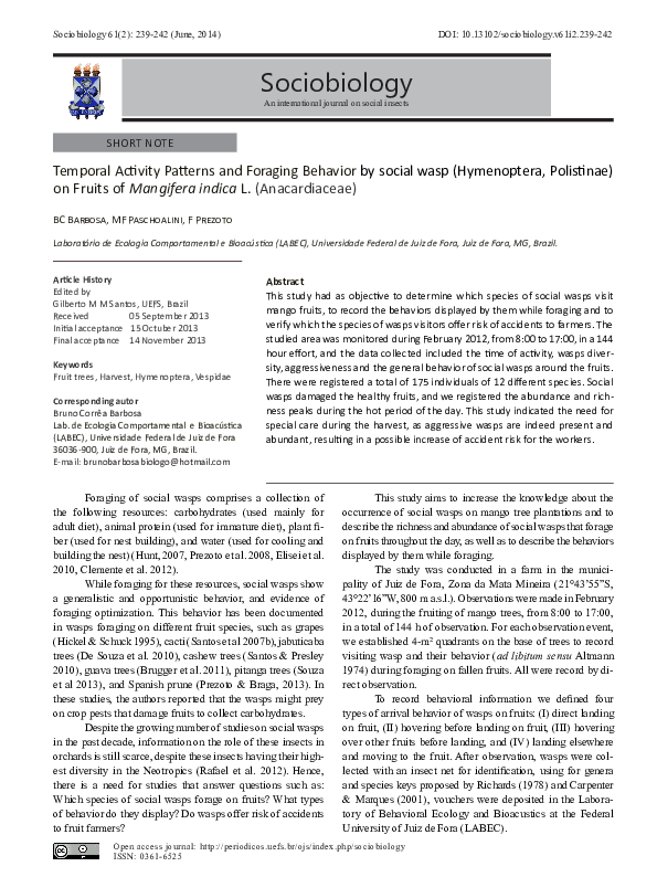 Pdf Temporal Activity Patterns And Foraging Behavior By Social Wasp Hymenoptera Polistinae