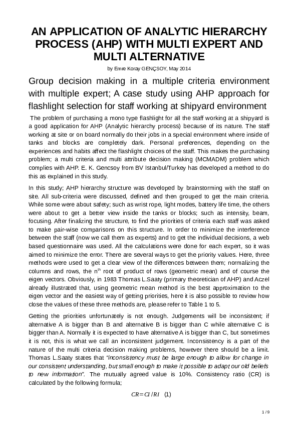 Pdf An Application Of Analytic Hierarchy Process Ahp With Multi Expert And Multi Alternative