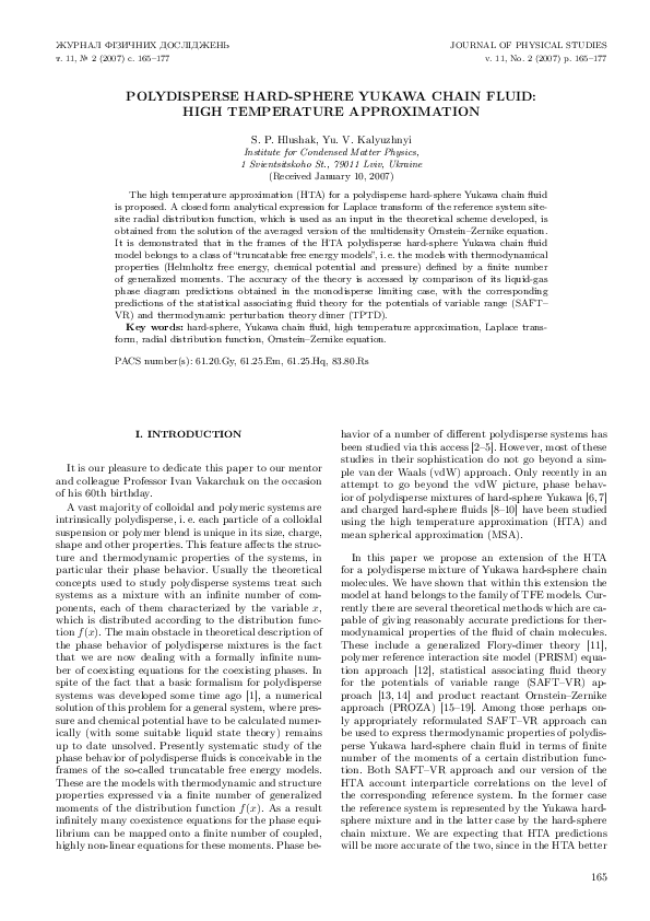 (PDF) POLYDISPERSE HARD-SPHERE YUKAWA CHAIN FLUID: HIGH TEMPERATURE ...