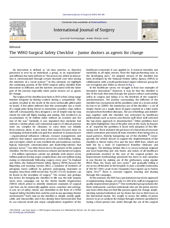 (PDF) The WHO surgical safety checklist - junior doctors as agents for ...