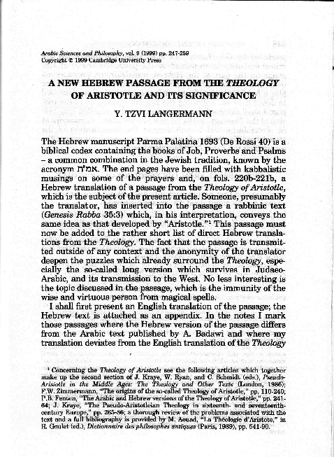 (PDF) A New Hebrew Passage from Theology of Aristotle