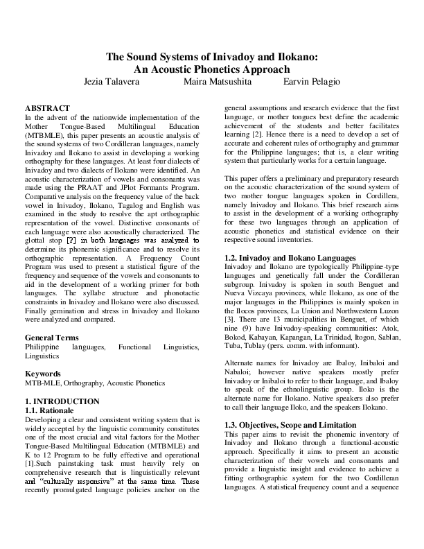 (PDF) The Sound Systems of Inivadoy and Ilokano: An Acoustic Phonetics Approach
