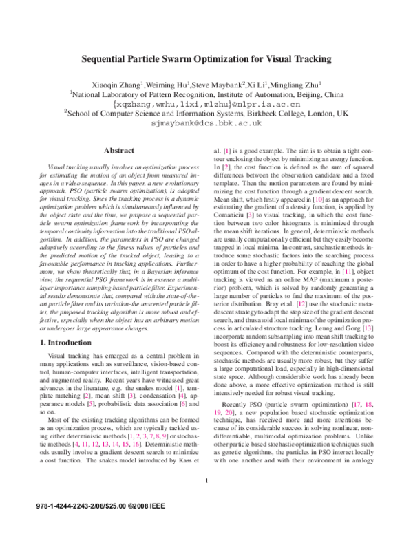 Pdf Sequential Particle Swarm Optimization For Visual Tracking