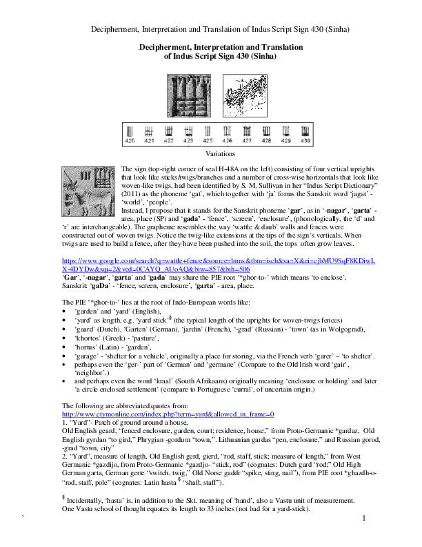 Pdf Decipherment Interpretation And Translation Of Indus Script Sign 430 Sinha