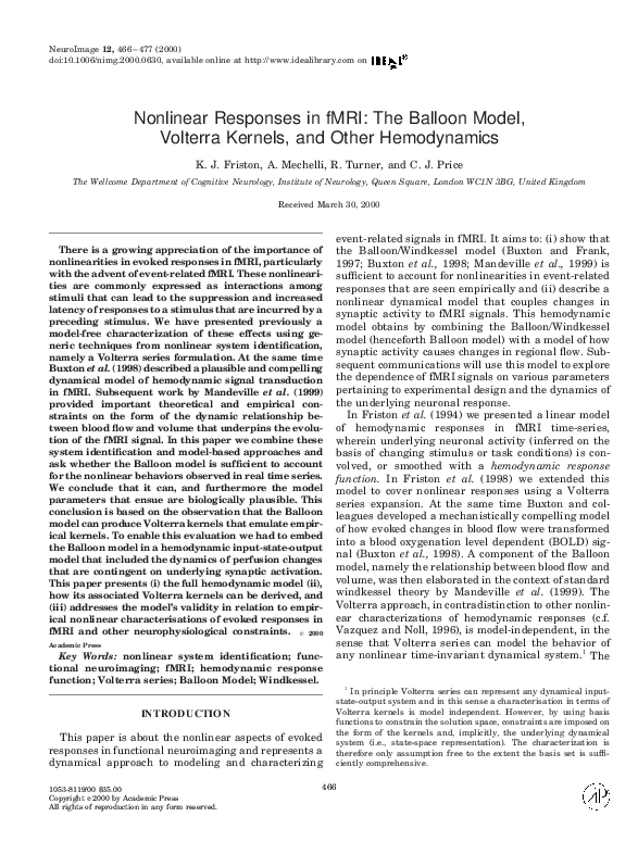 (PDF) Nonlinear Responses in fMRI: The Balloon Model, Volterra Kernels, and Other Hemodynamics
