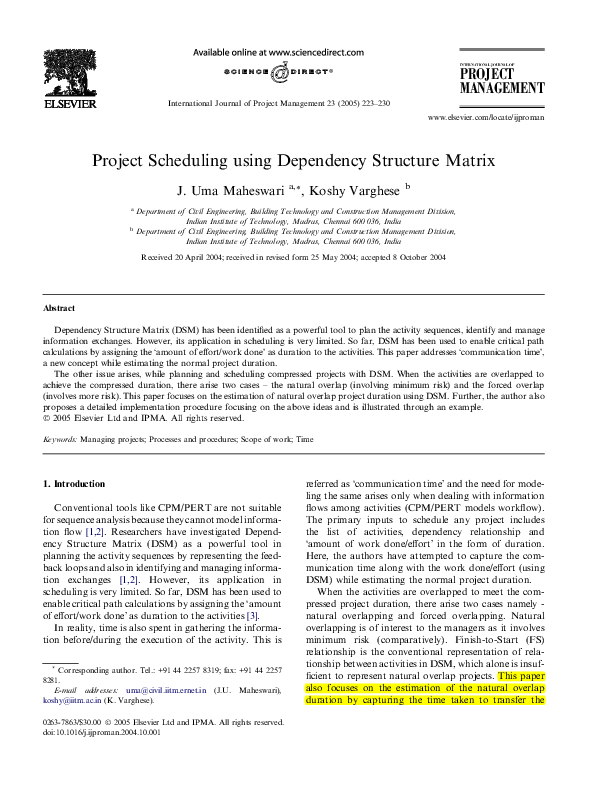 Pdf Project Scheduling Using Dependency Structure Matrix