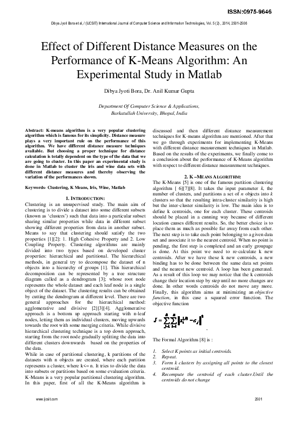 Pdf Effect Of Different Distance Measures On The Performance Of K Means Algorithm An